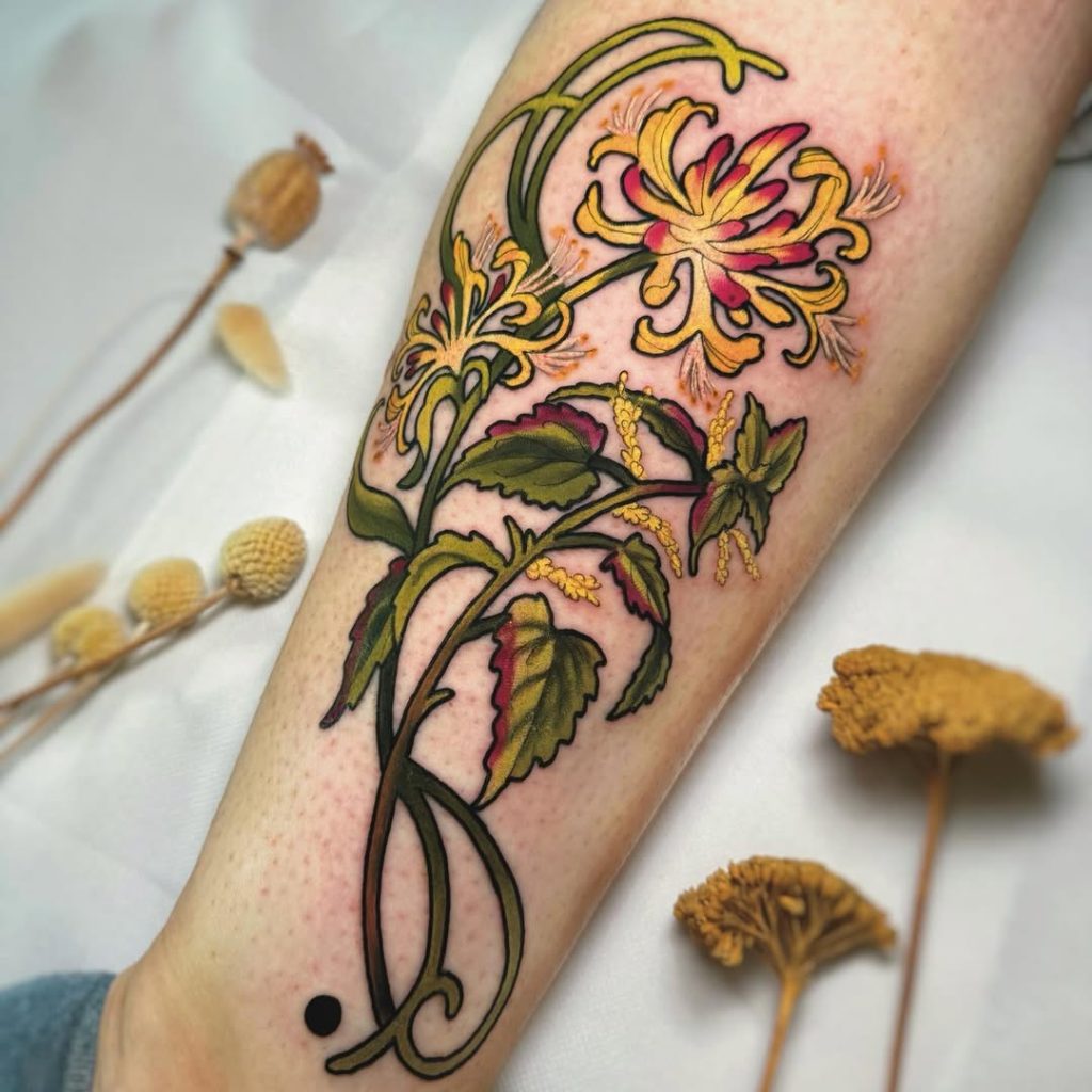 29 Honeysuckle Tattoo Ideas with Fine Line, Neo Traditional, Coral, and ...