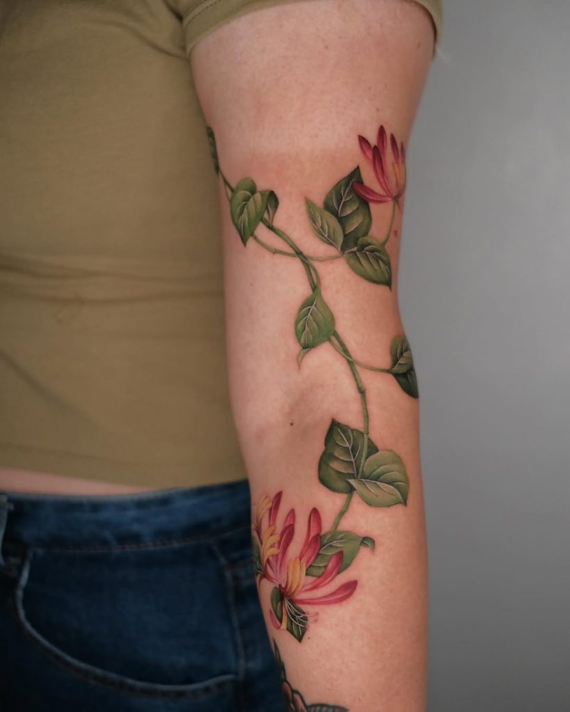 29 Honeysuckle Tattoo Ideas with Fine Line, Neo Traditional, Coral, and ...