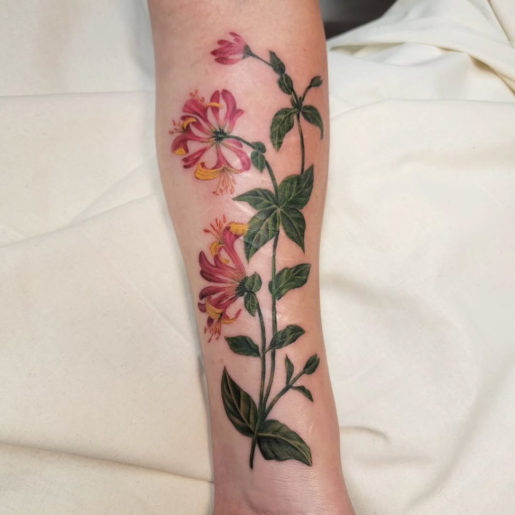 29 Honeysuckle Tattoo Ideas with Fine Line, Neo Traditional, Coral, and ...